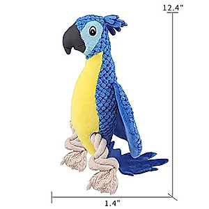 Squeaky Crinkle Dog Plush Toy, Cute Animal with Stuffed Cotton and Rope Knot Legs, Interactive Fun Chew & Play Toy for Puppy Small Medium and Large Breed Holiday Birthday Gift (Blue Parrot)