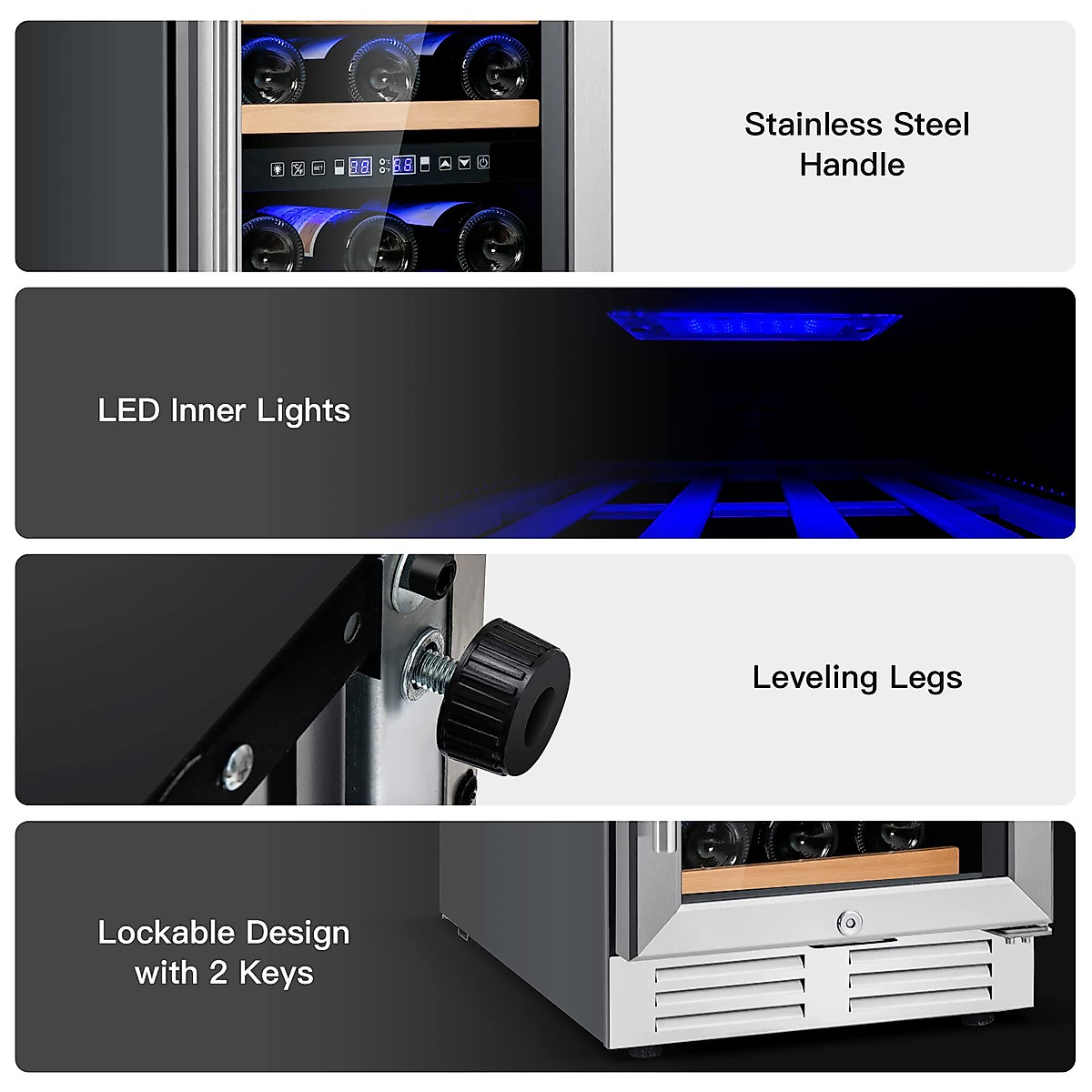 ORALNER 15“ Dual Zone Wine Cooler Refrigerator, 30-Bottle Built-in Beverage Wine Fridge w/Removable Wooden Shelves, Lockable Glass Door, Blue LED Interior Lights, Drink Wine Cellar for Kitchen Bar