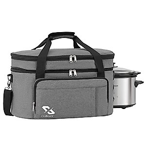 Golkcurx Double Layer Slow Cooker Bag for 6-8 Quart Oval CrockPot and Hamilton Beach Models, with Padded Adjustable Strap, Top Zip Compartment, and Front Pocket for Utensils(Bag Only)