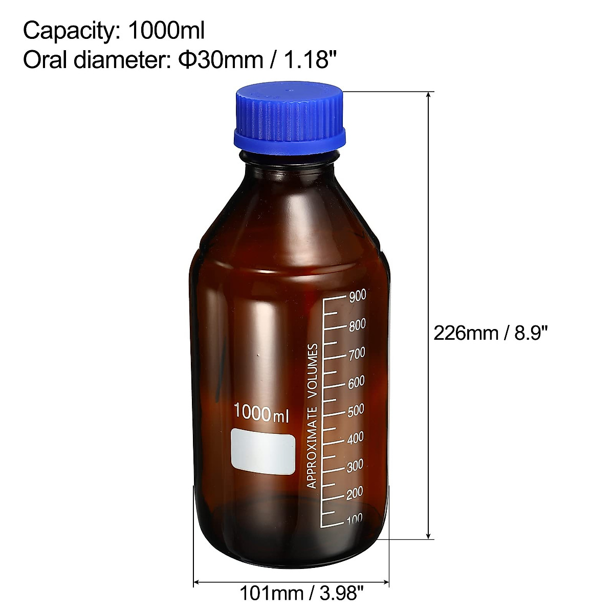 PATIKIL 1000mL Reagent Media Bottle, 2Pcs Round Graduated Glass Storage Bottle Blue Screw Cap for Chemistry Lab Universities Home, Amber
