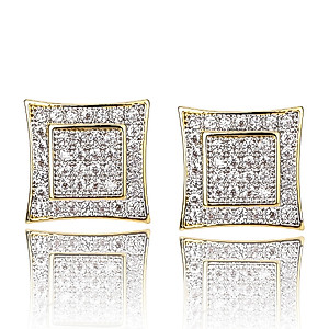 TOPGRILLZ 925 Sterling Silver Iced out Men and Women 14k Gold Square Kite Screw Back Hypoallergenic Stud Earrings with Simulated Diamond (Gold)