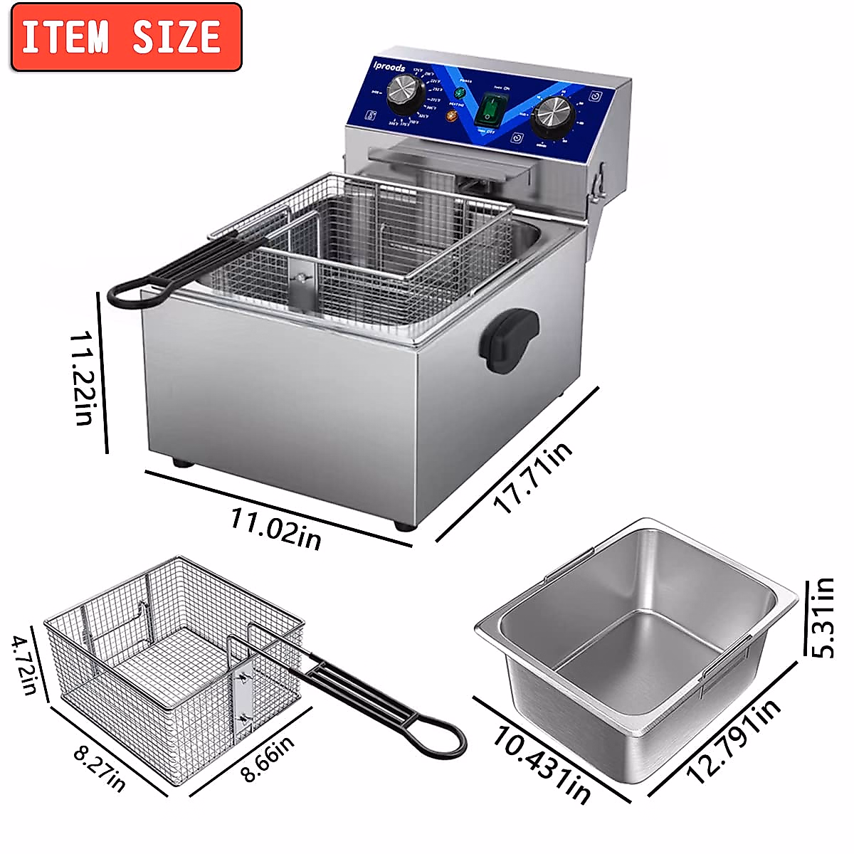 Iproods Electric Deep Fryer with Basket and Lid, Stainless Steel 10.5QT Kitchen Frying Machine for Commercial and Home, with Temperature and Timing Adjustable, 110V 1800W (10.5QT)