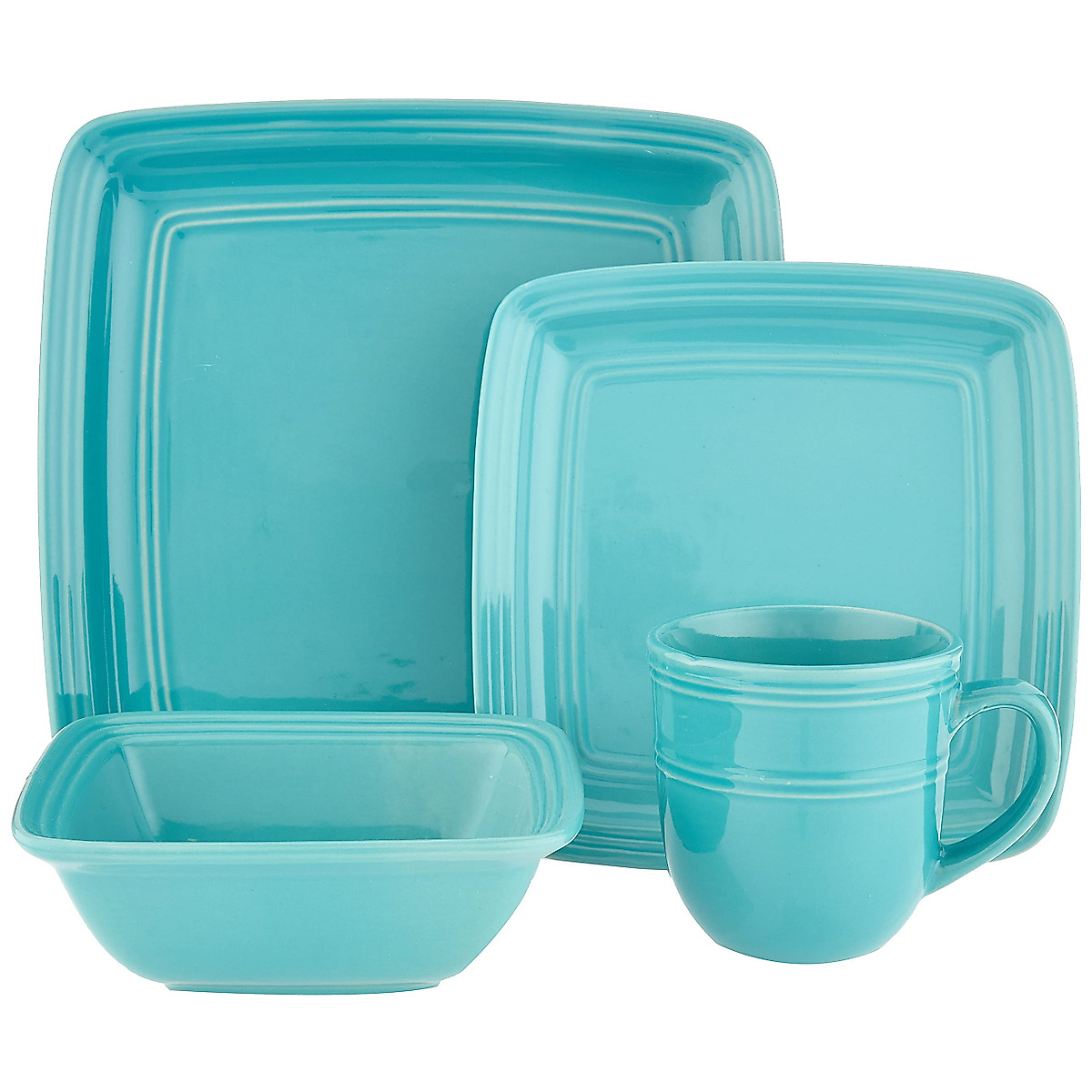 American Atelier Square Dinnerware Sets | Turquoise Green Kitchen Plates, Bowls, and Mugs | 16 Piece Stoneware Madelyn Collection | Dishwasher & Microwave Safe | Service for 4