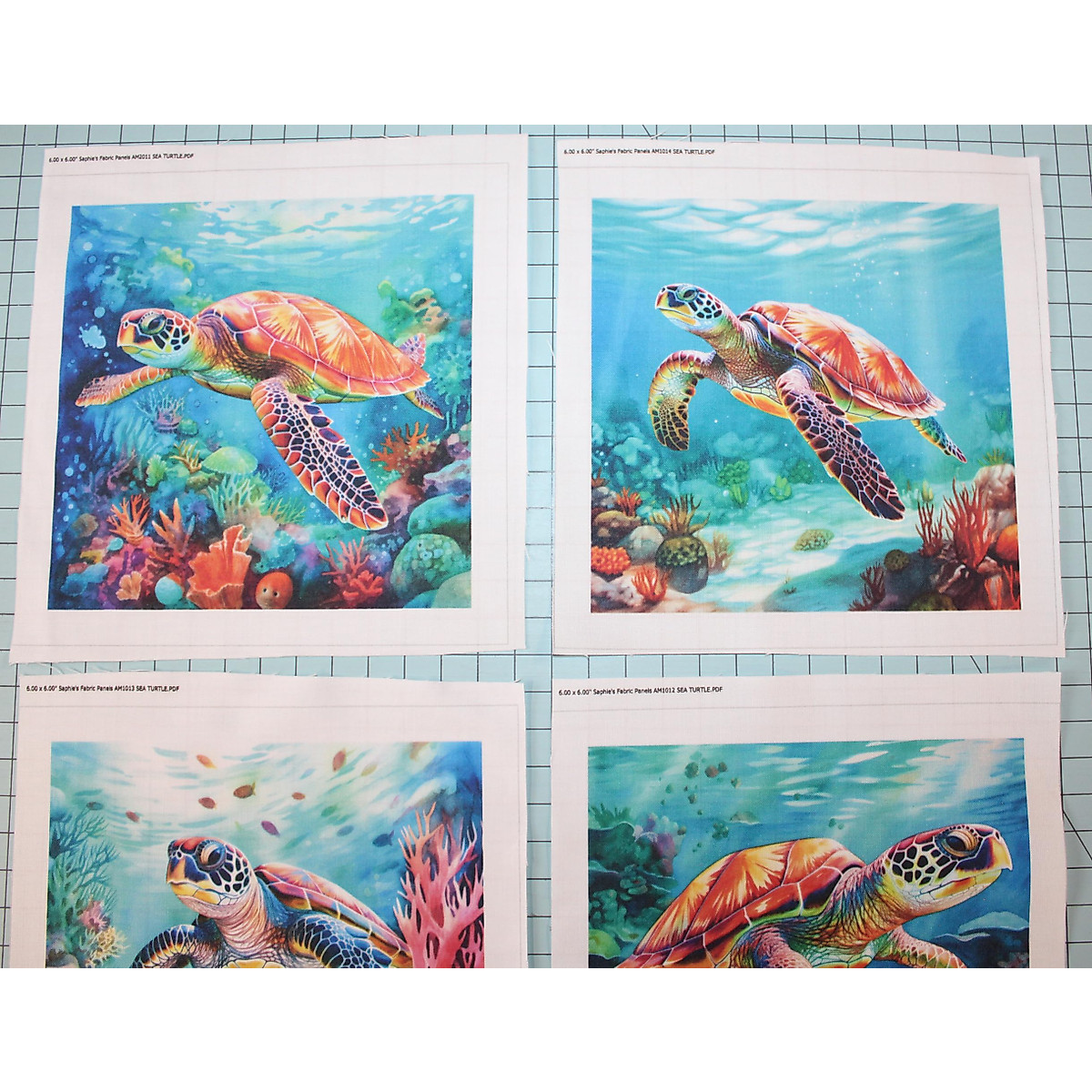 4 Piece 6"x6" Sea Turtles Fabric Panel Squares - Quilting Sewing Blocks