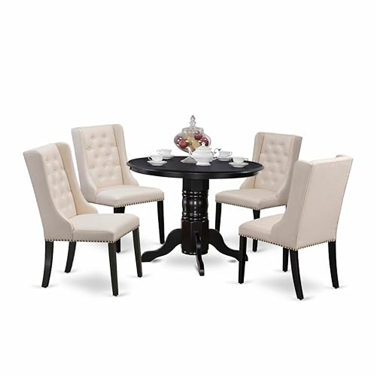 East West Furniture SHFO5-BLK-01 5 Piece Kitchen Table Set for 4 Includes a Round Dining Room Table with Pedestal and 4 Cream Linen Fabric Upholstered Chairs, 42x42 Inch, Black