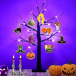 RJZZ 24LED Lighted Halloween Tree 2FT Hocus Pocus Decor Spooky Tree with 21pcs Hanging Ornaments Halloween Decorations Indoor USB/Battery Operated Halloween Decor for Table Centerpiece, Office