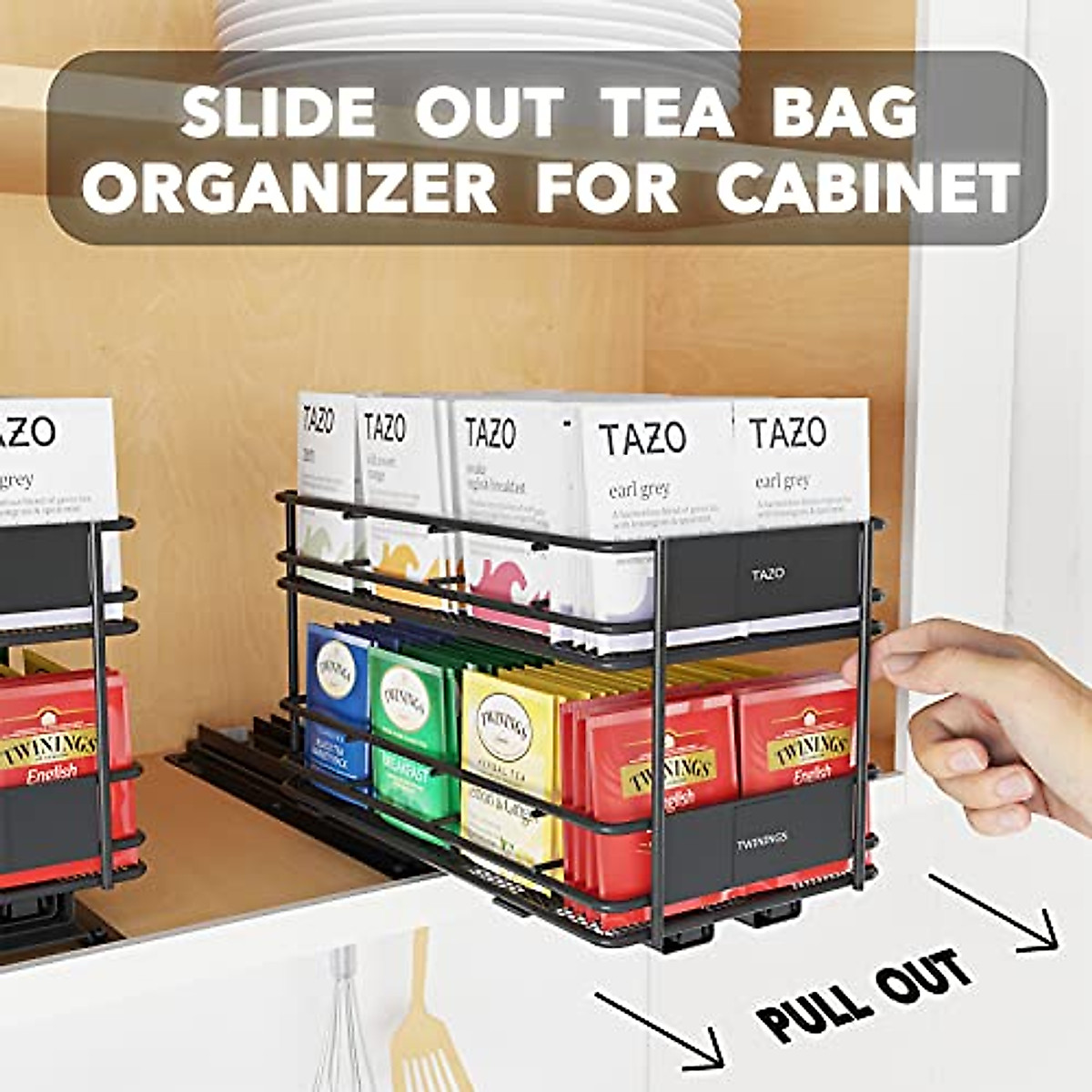 SpaceAid Pull Out Tea Bag Organizer Rack for Cabinet, Heavy Duty Slide Out Teabag Organizer for Kitchen Cabinets, with 70 Labels and Chalk Marker, 5.6"W x10.6"D x 6.6"H, 1 Drawer 2-Tier, Black