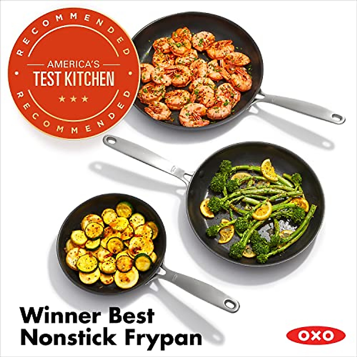 OXO Good Grips Pro, 8" 10" and 12" 3 Piece Frying Pan Skillet Set, 3-Layered German Engineered Nonstick Coating, Stainless Steel Handle, Dishwasher Safe, Oven Safe, Black