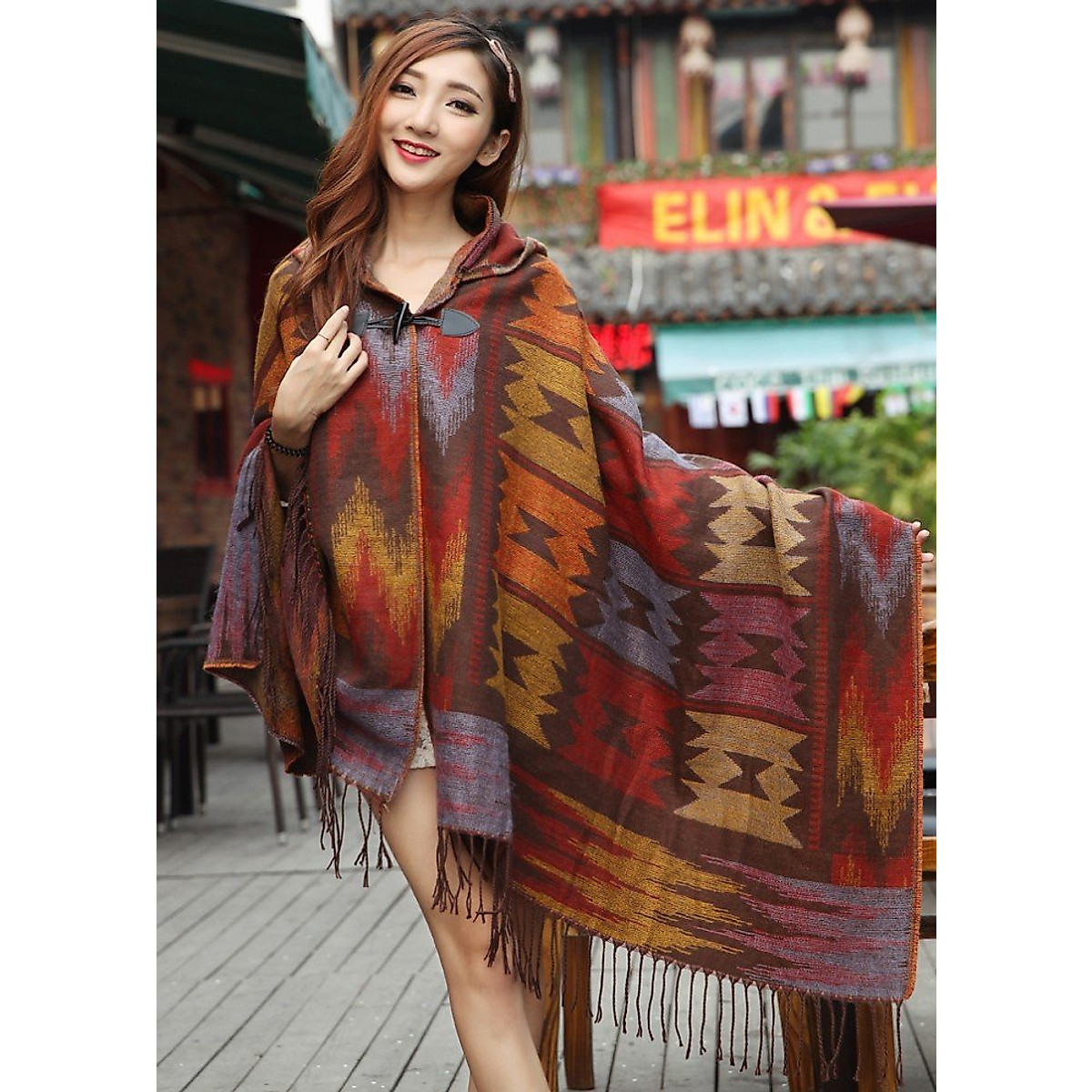 YEESAM Hoodie Poncho Bohemian Blanket, Hooded Shawl Cape Cloak Scarf Tassel