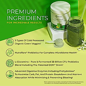 One Sol Greens, Super Greens Powder to Reduce Bloating & Improve Gut Health, Superfood Fresh Bloom Organic Greens Blend Juice & Smoothie Mix, Pre & Probiotic with Digestive Enzymes, Vegan & Soy Free