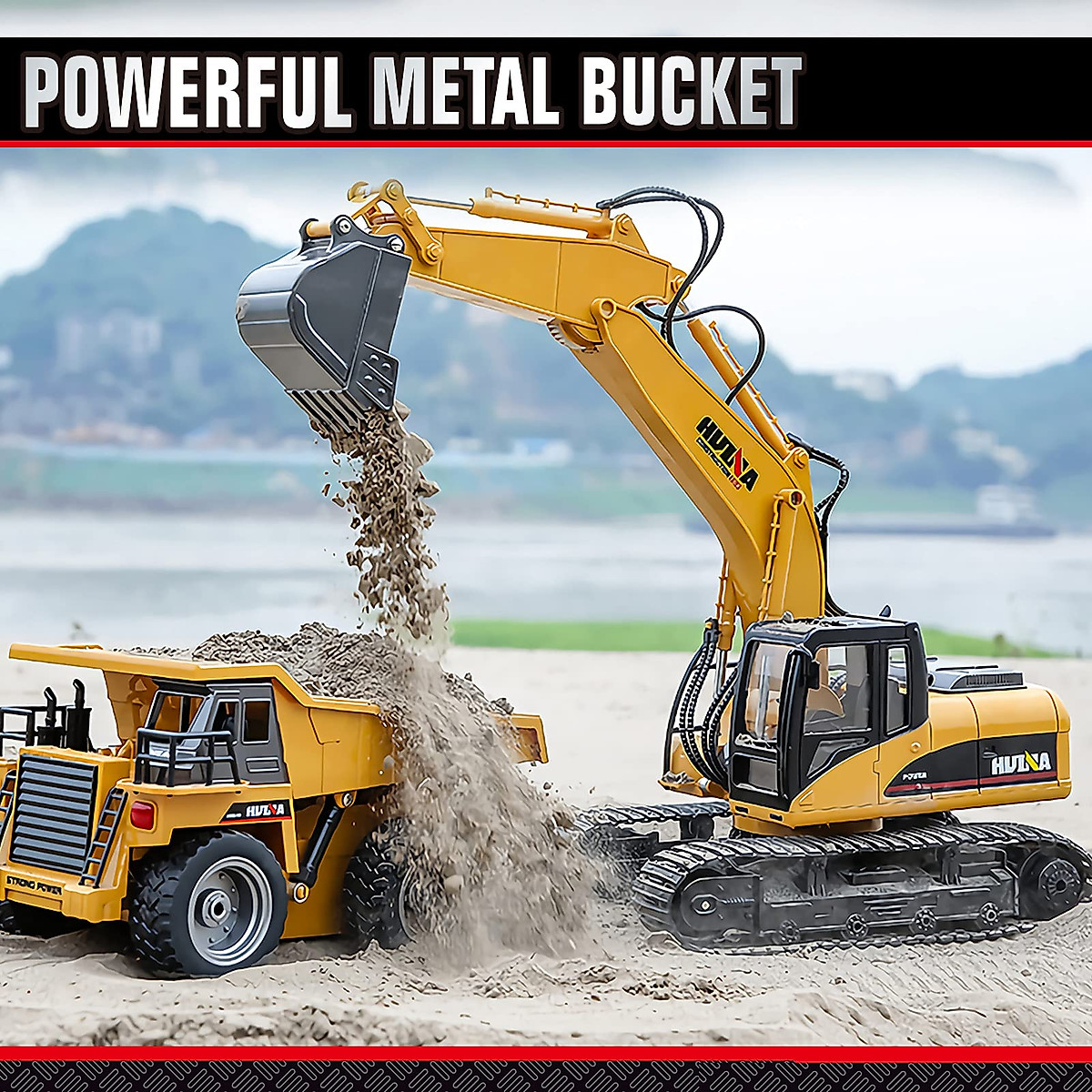 TEMA1985 Full Functional Remote Control Excavator Construction Tractor, Excavator Toy with 2.4Ghz Transmitter and Metal Shovel