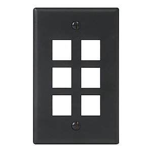 ICC 6-Port Faceplate for Keystone Connectors, Single Gang Outlet Box, Wall Plate for Networking and Home Installations, Durable and Easy to Install, Black, Single