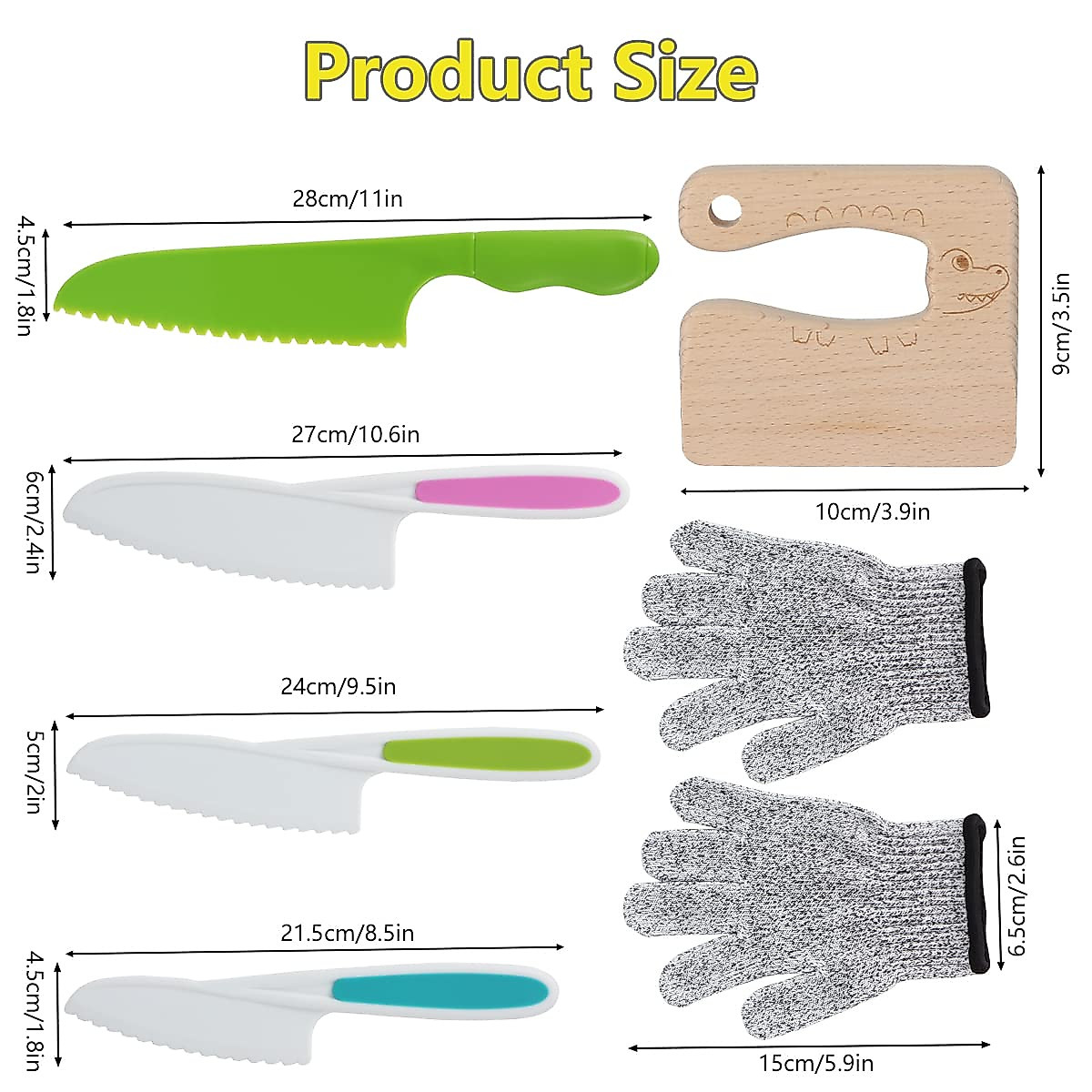 COZYMATE 6pcs Kids Wooden and Plastic Knife Set, Kids Safe Knife with Wood Kids Knife Resistant Gloves Cooking Knives Serrated Edges Toddler Knife Kids Plastic Knife for Kitchen Children