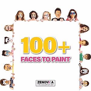 Zenovika Face Paint Kit for Kids - 60 Jumbo Stencils, 15 Large Water Based Paints, 2 Glitters - Halloween Makeup Kit, Professional Face Paint Palette, Safe for Sensitive Skin, Face Painting Book