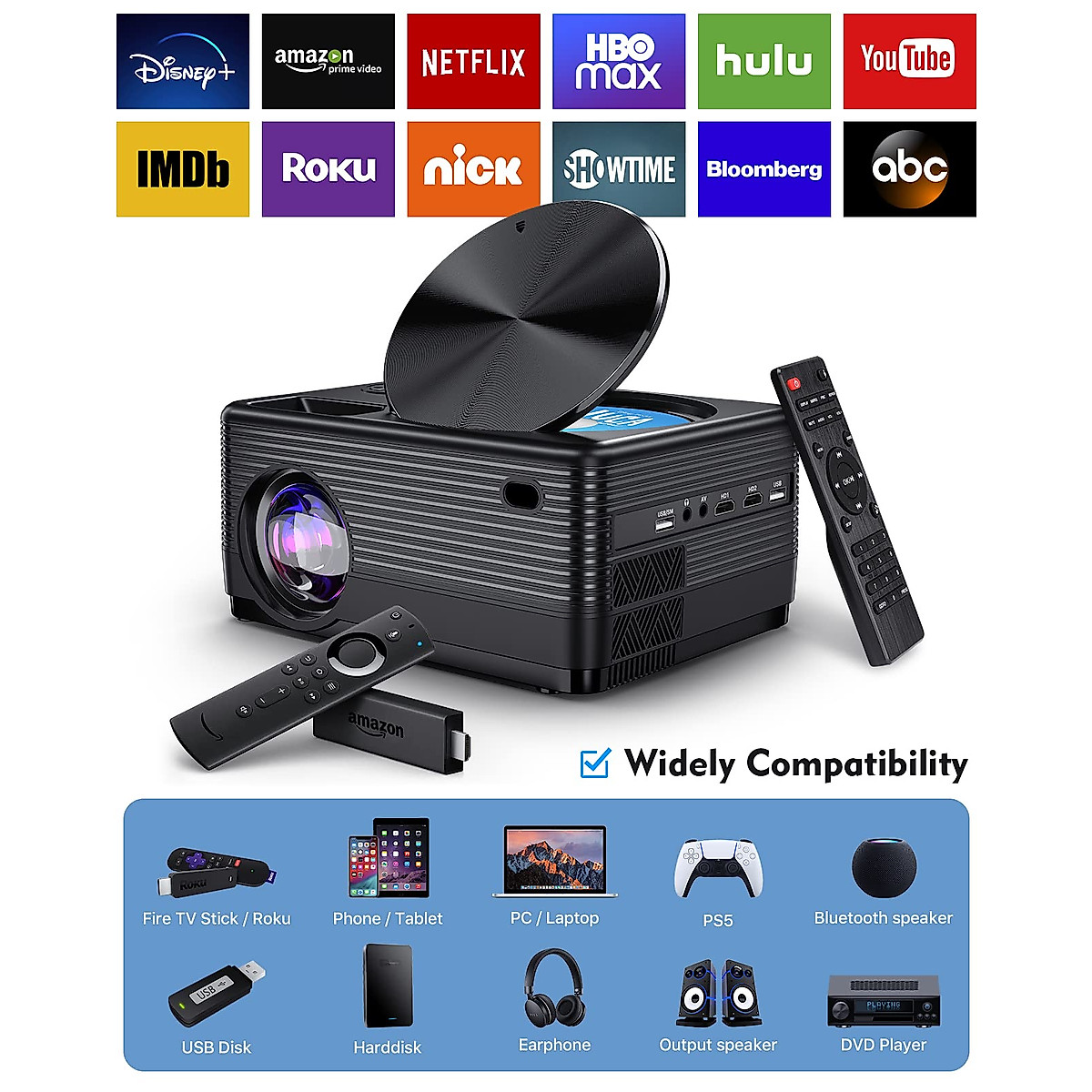 Mini Projector for iPhone, 1080P Bluetooth DVD Projector with Built in DVD Player with 120 inches Screen, Led Portable Video Projector for Outdoor Family Movie Night Compatible Phone/HD/USB