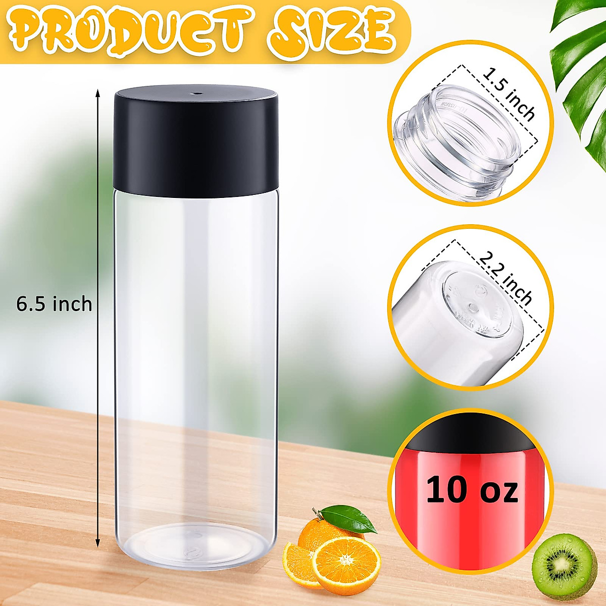 50 Pieces Plastic Juice Bottles with Black Lids Sensory Bottles Round Clear Drink Containers Reusable Plastic Smoothie Tumble Empty Water Tumble 10 OZ for Storing Juice, Milk, Homemade Beverage