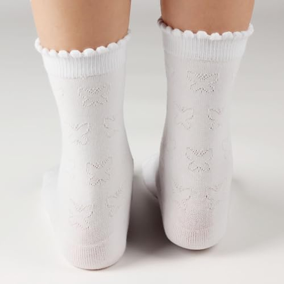 COTTON DAY Girls White Dressy Textured Short Socks Scallop Top Butterfly Design 6-8 Years Size M (8)