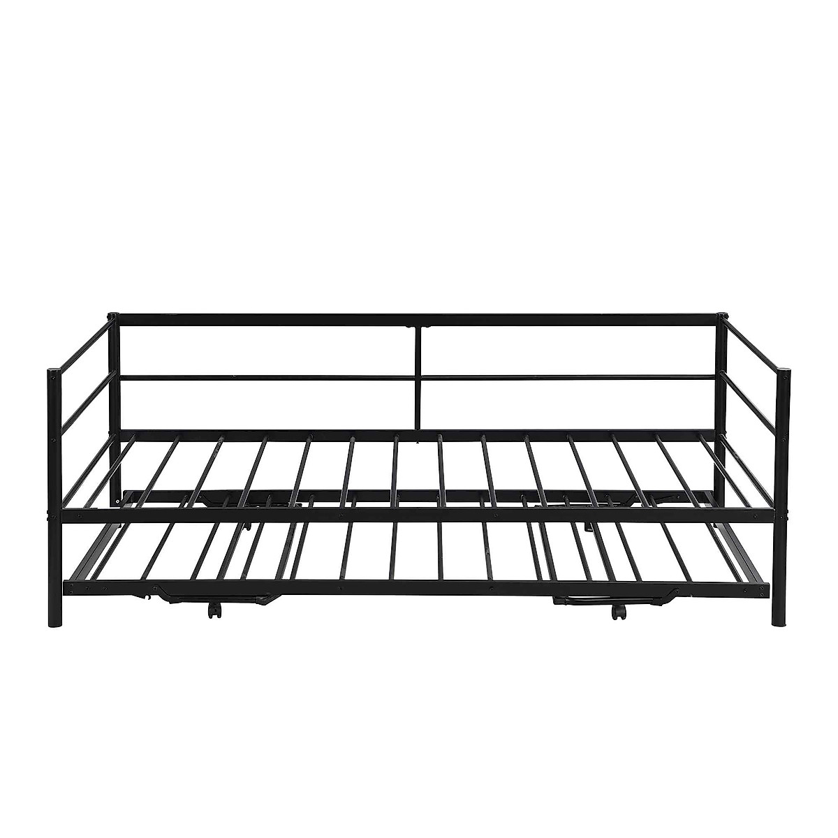 ATY Twin Size Daybed with Adjustable Pop Up Trundle, Sturdy Metal Bedframe w/Safety Guardrail, Perfect for Dorm,Guest Room, Bedroom, Easy Assemble, Black