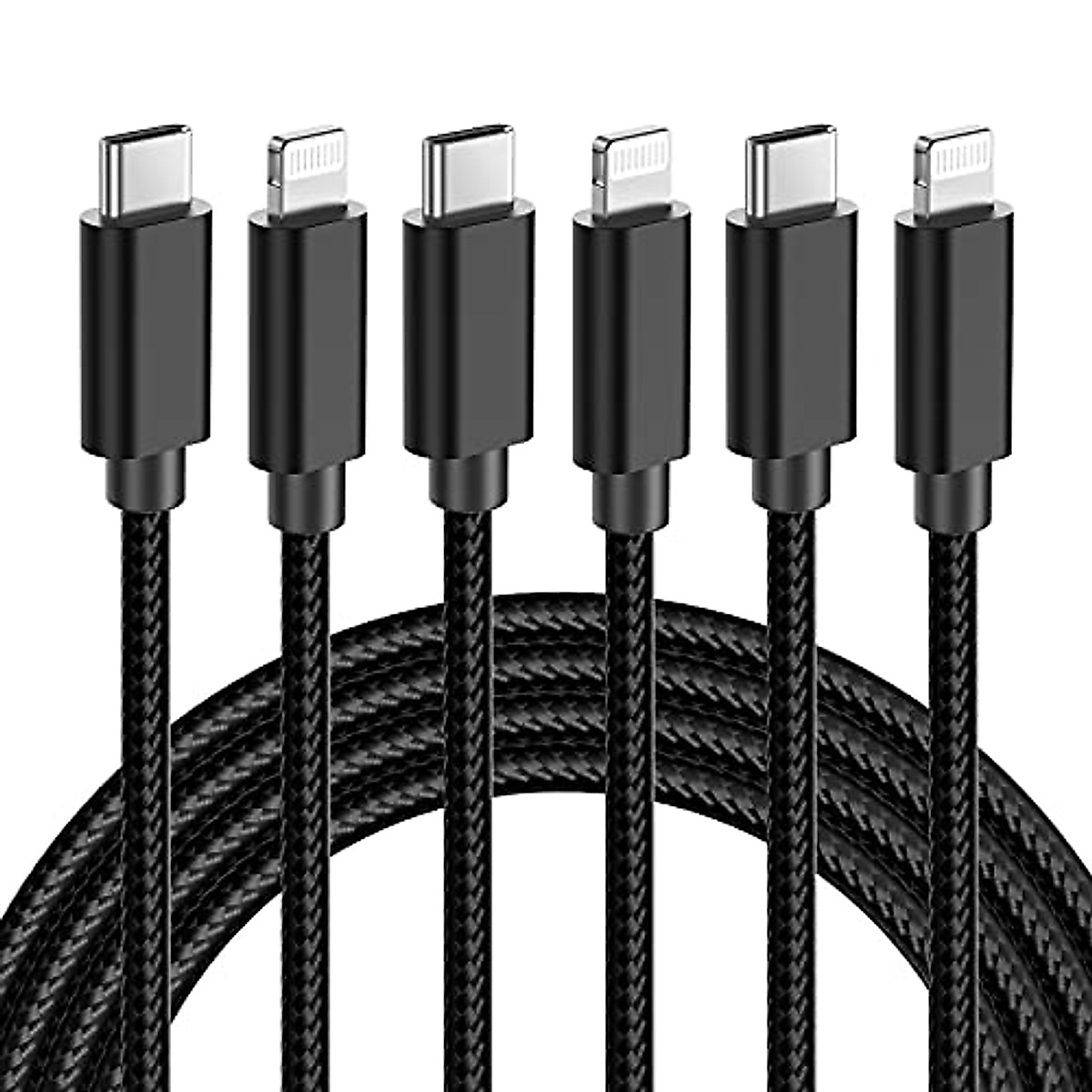 Elktry USB C to Lightning Cable MFi Certified, 3Pack 6FT Long iPhone 14 Charger Cord, Nylon Braided Fast Charging Cable, Compatible with iPhone 13/12 Pro Max/12/11 Pro/11/X/XS/XR/8 Plus/iPad - Black