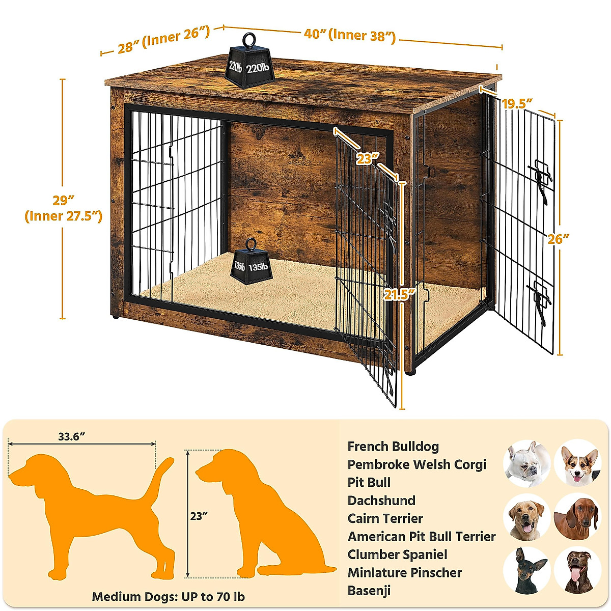 Yaheetech 40'' Dog Crate Furniture with Cushion Set of 2, Wooden Dog Crate with Double Doors/Adjustable Feet Side End Table for Medium-Sized Dogs