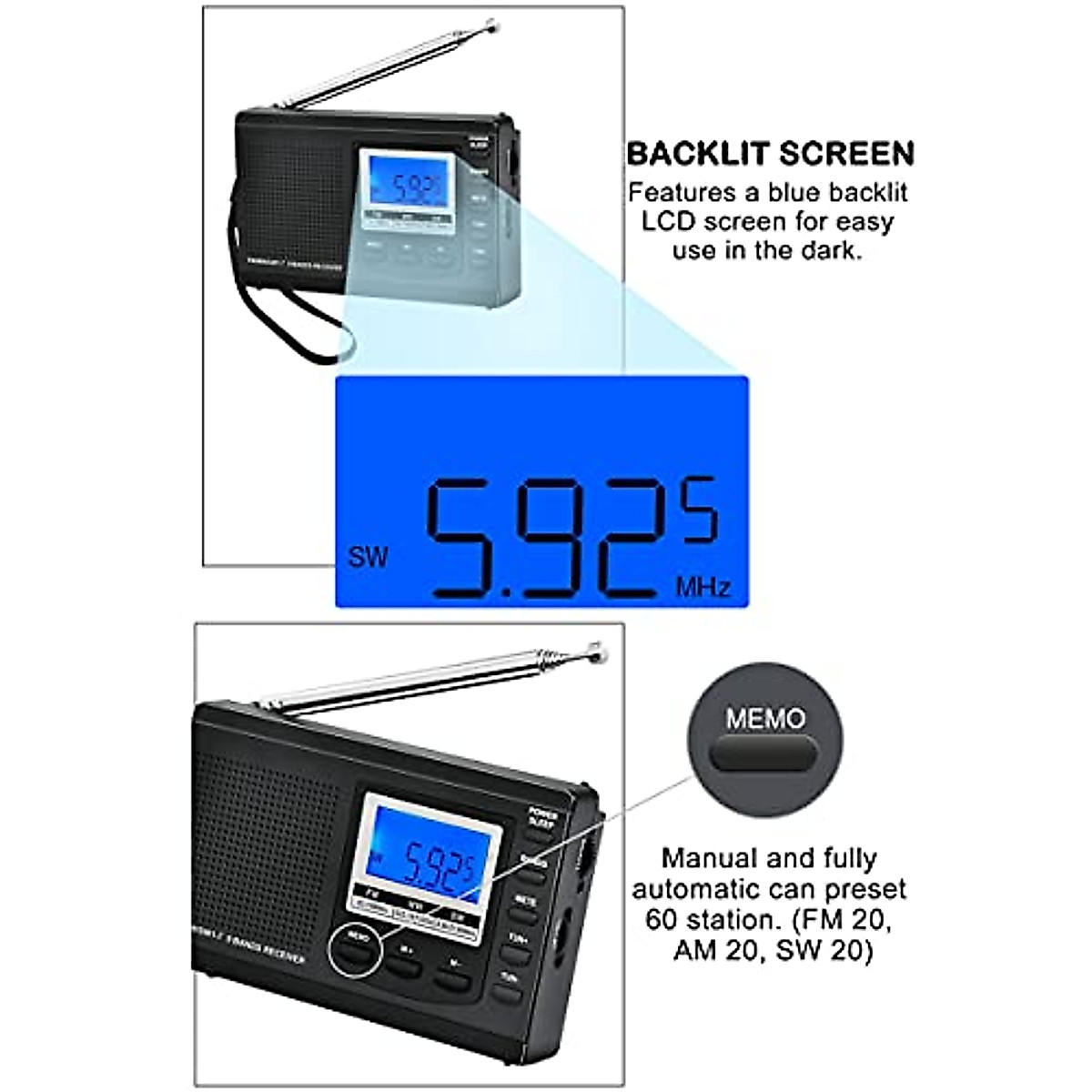HanRongDa AM FM Shortwave Radio Portable with Excellent Reception and Backlit, Battery Operated Radios with Alarm Clock and Sleep Timer, Small Digital Tuner for Camping, Fishing, Traveling HRD-310