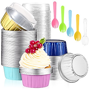 Suclain 5 OZ Aluminum Foil Baking Cups with Lids and Spoons Include Muffin Liners Cups Reusable Foil Cupcake Ramekins, Colorful Plastic Sporks for Birthday Wedding Party (Mixed Color,200 Pieces)