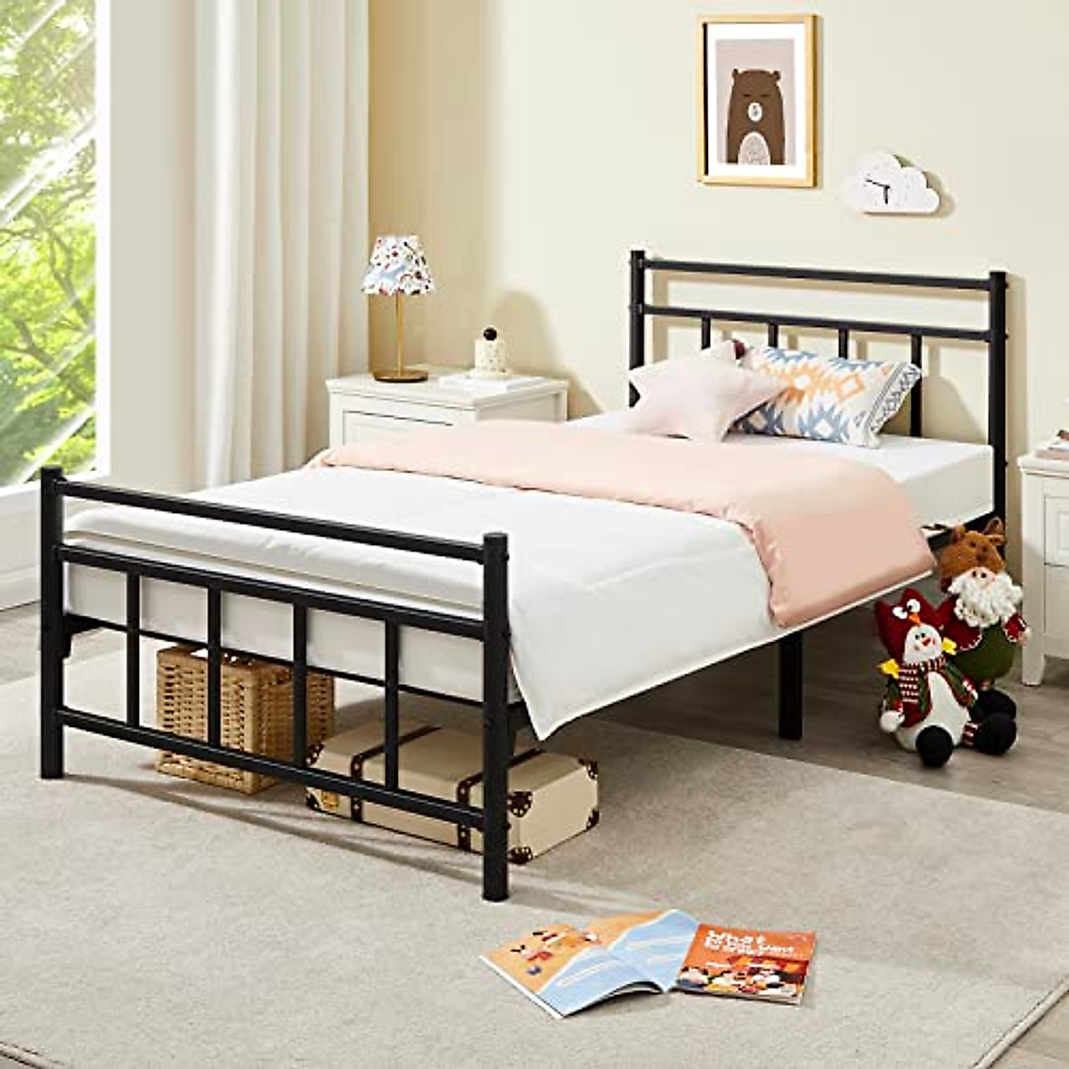 GreenForest Twin Bed Frame with Headboard Metal Platform Bed for Boys Girls Single One Noise-Free Heavy Duty Steel Slats Support Mattress Foundation Saving Space, No Box Spring Needed, Black