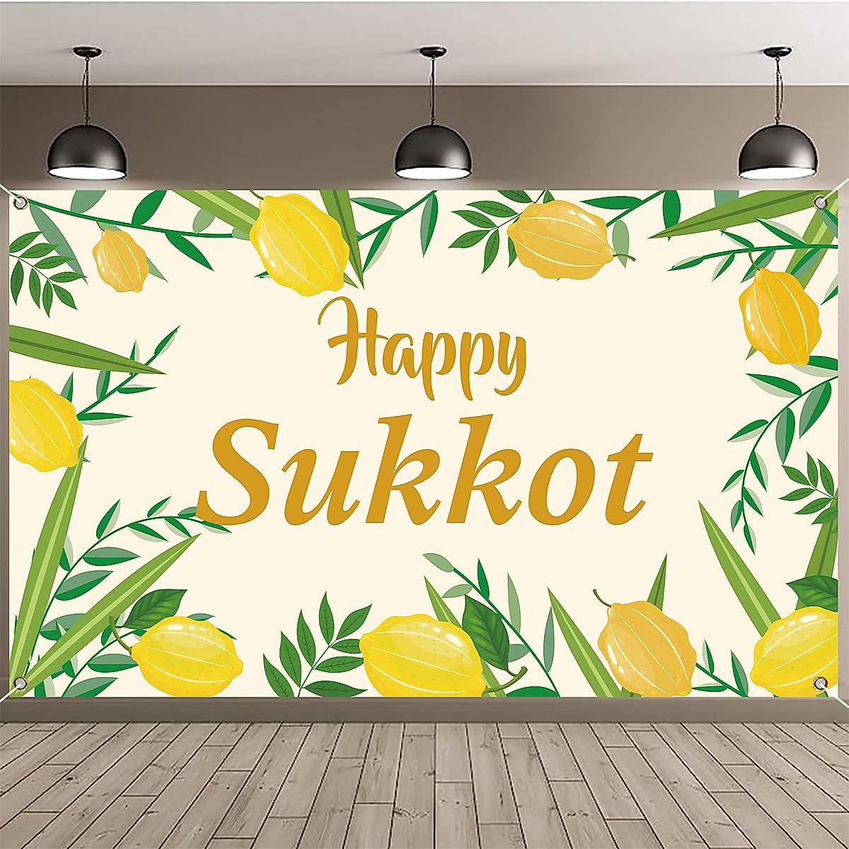 LOONELO Happy Sukkot Backdrop Banner with 70.8"X43.3", Happy Sukkah Backdrop Banner, Etrog Lulav Jewish Holiday Photography Background for Photo Booth Wedding Birthday Sukkot Party Decorations
