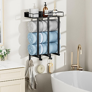 Ovicar Towel Racks for Bathroom - Wall Mounted Towel Rack with Metal Shelf & 3 Hooks, 3 Bars Wall Towel Holder for Small Bathroom, Bath Towel Storage for Rolled Towels Organizer (Black)
