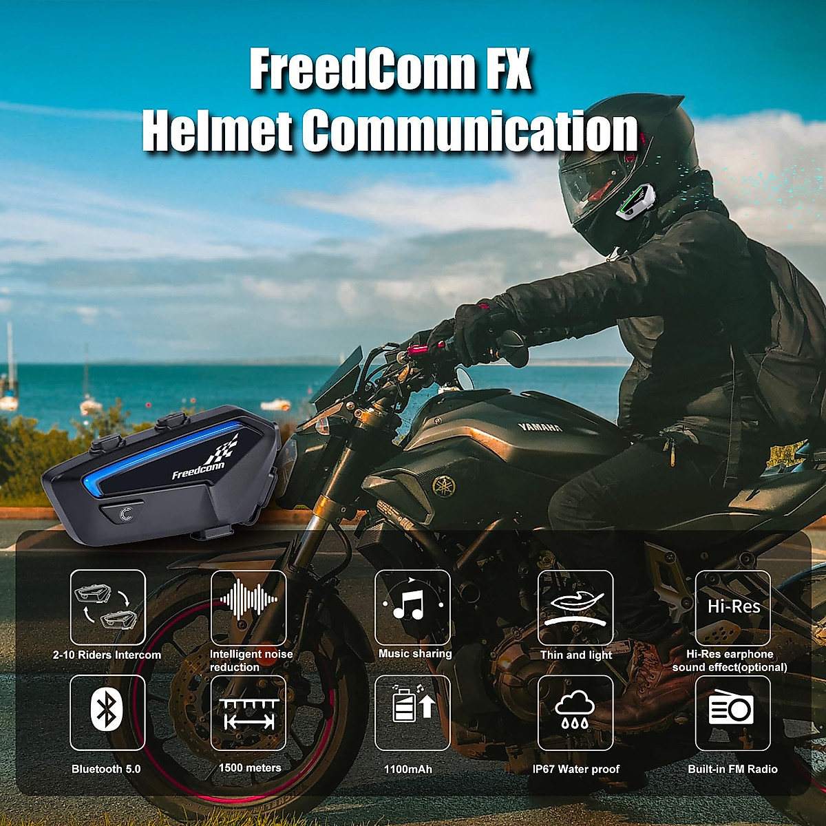 FreedConn Motorcycle Helmet Bluetooth Communication System FX 10 Riders Group Using Universal Pairing Helmet Intercom with Music Sharing IP67 Ultra-Thin Body (FX-Black)