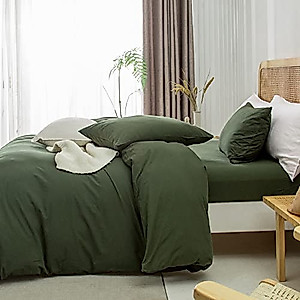 ZOVAN Cal King Duvet Cover Set - 100% Washed Cotton Super Soft Shabby Chic Durable 3 Pieces Home Bedding Set with Zipper Closure, Olive Green