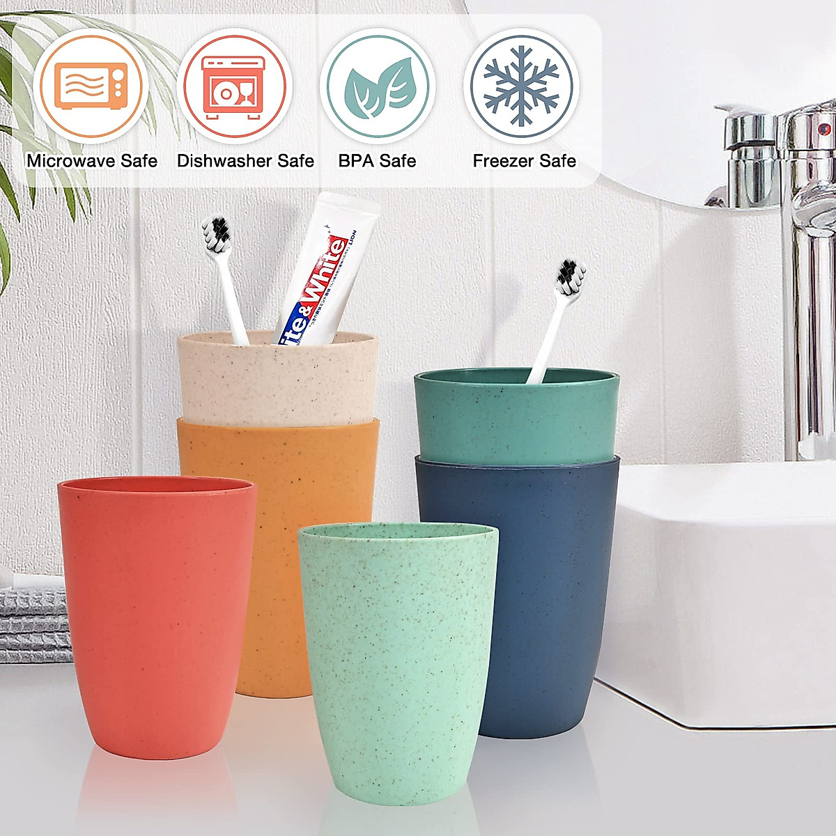 CRETVIS 11OZ Unbreakable Wheat Straw Cup, 6 Pcs Reusable Dishwasher Safe Drinking Cups, Stackable Coffee Tea, Juice Cup, Tumbler Water Mugs for Kitchen Parties, Travel Picnics and Weddings