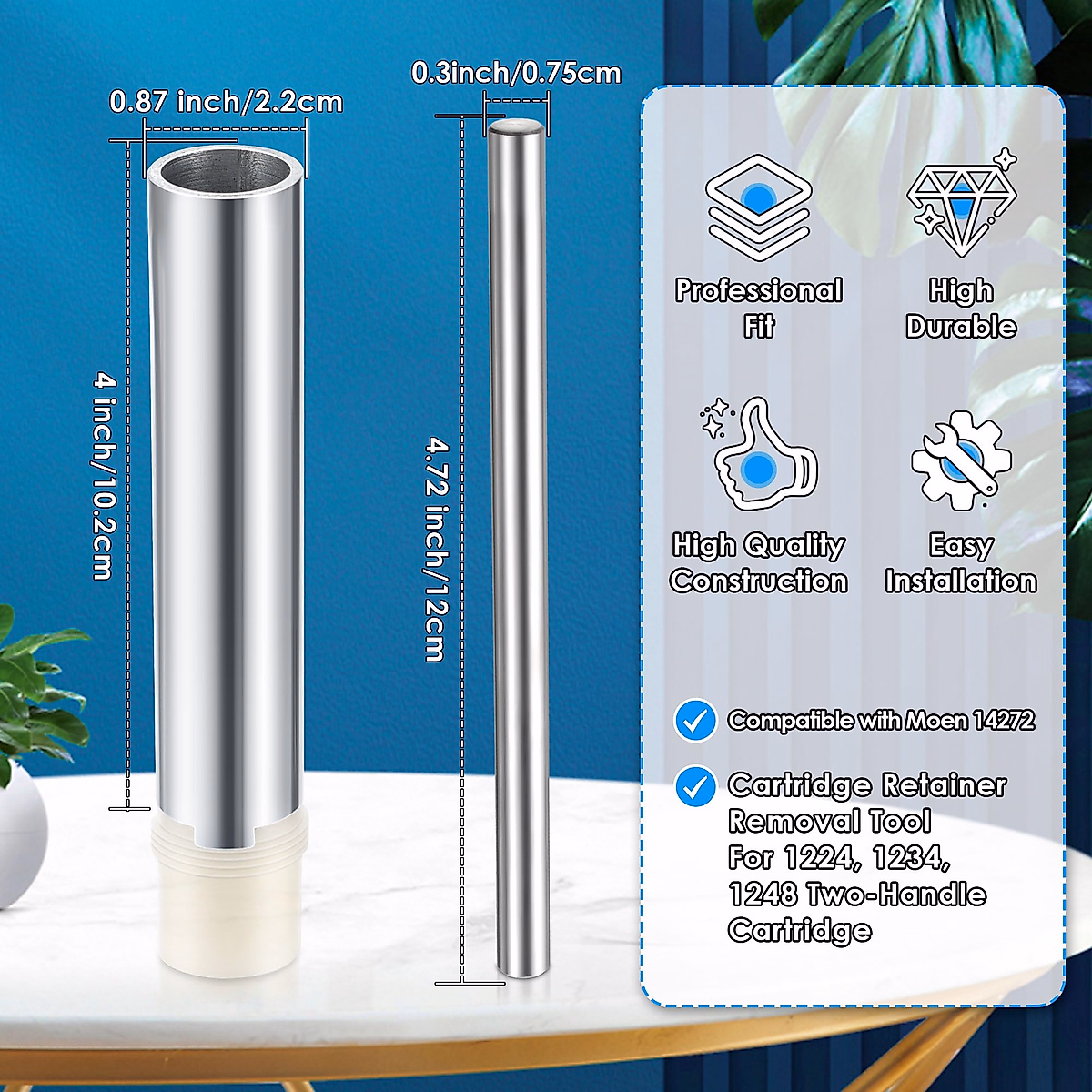 Feekoon Cartridge Retainer Removal Tool with Handle Compatible with Moen 14272, Easy to Push and Pull Rebuild Cartridge Puller Replacement for 1224, 1234, 1248 Faucet Bathtub Replacement Part (Silver)