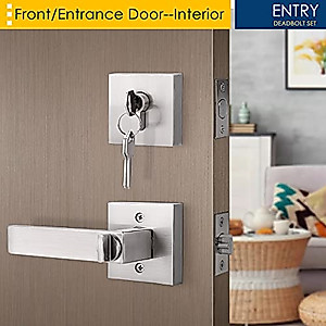 Keyed Entry Door Lever and Double Cylinder Deadbolt Set, Keyed Alike Reversible Lockset, Satin Nickel Square Interior/Exterior Handleset for Bedroom, Front Door 3 Pack
