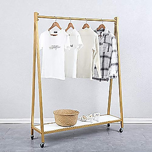 OLDRAINBOW Clothing Racks with Wood Shelves 59in,Retail Rolling Display Rack with Wheels,Commercial Clothes Racks for Hanging Clothes,Metal Garment Rack(Gold)