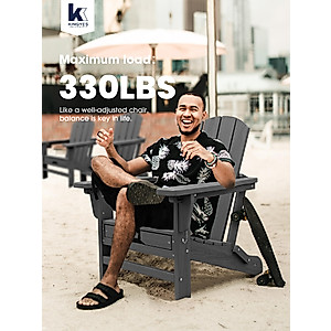 KINGYES Folding Adjustable Adirondack Chair with Retractable Ottoman Set of 2, HDPE All Weather Chair with Cup Holder, Wood-Like Reclining Adirondack Chair - Versatile Adirondack Chair, Grey