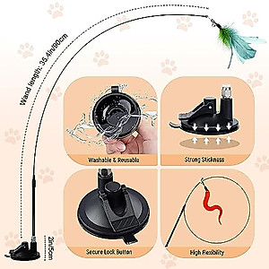 Cat Feather Toys, Interactive Cat Wand Toys with Super Suction Cup, Detachable 6 PCS Feather Refills Tail Bird Feathers with Bell, Cat Teaser Wand for Indoor Cats Kitten Play Chase Exercise (Set 1)
