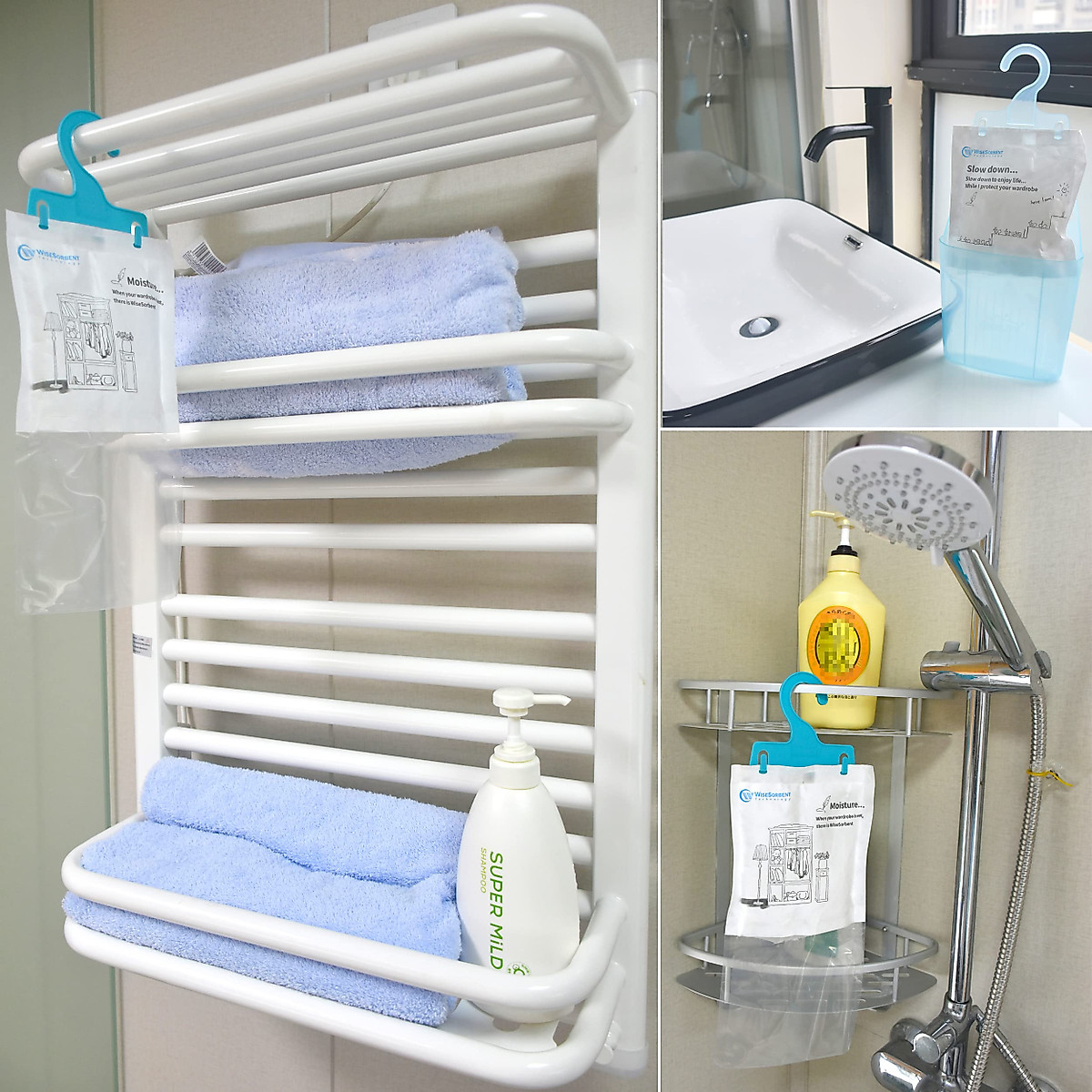 Wisesorb Moisture Absorber Packets with Plastic Case & Hook, Odor Eliminator, Leak Proof, Fragrance Free, Humidity Packs, Hanging Closet Dehumidifier Bags, Moisture Absorber (4 Packs)