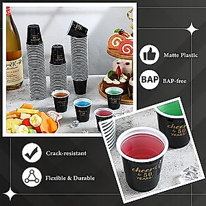 100 Pcs 2 oz Black Birthday Cups Plastic Stadium Cups Cheers to 30 40 50 60 Years Party Decorations Disposable Shot Cups for Men Women Anniversary Drinking Supplies(50 Years)