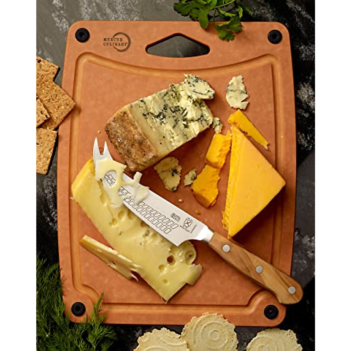 Mercer Culinary Composite Cutting Board-11.75" X 9.25",W/SIL Feet/Channel, Large, Tan