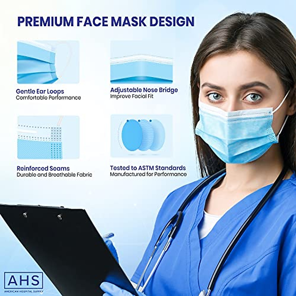 American Hospital Supply (AHS) Earloop Masks Disposable | Adult Face Covering | 3 Ply Disposable Face Mask (Box of 50)