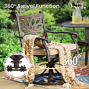 PHI VILLA Cast Aluminum Patio Dining Set for 6 Person, 7 Piece Outdoor Patio Set with 54" Dia Cast-Top Aluminum Table(2.1" Umbrella Hole) and 6 Swivel Rockers Dining Chairs with Seat Cushions