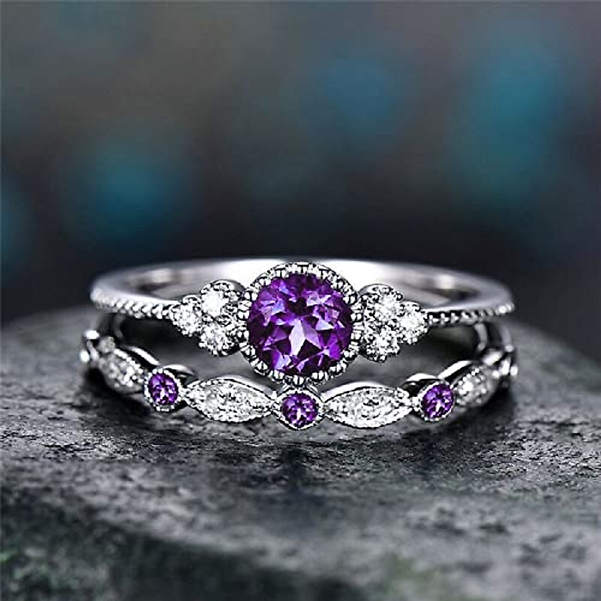 Fuqimanman2020 2pcs Women's Statement Stainless Steel Engagement Bands Cubic Zirconia CZ Ring Set-Purple 10