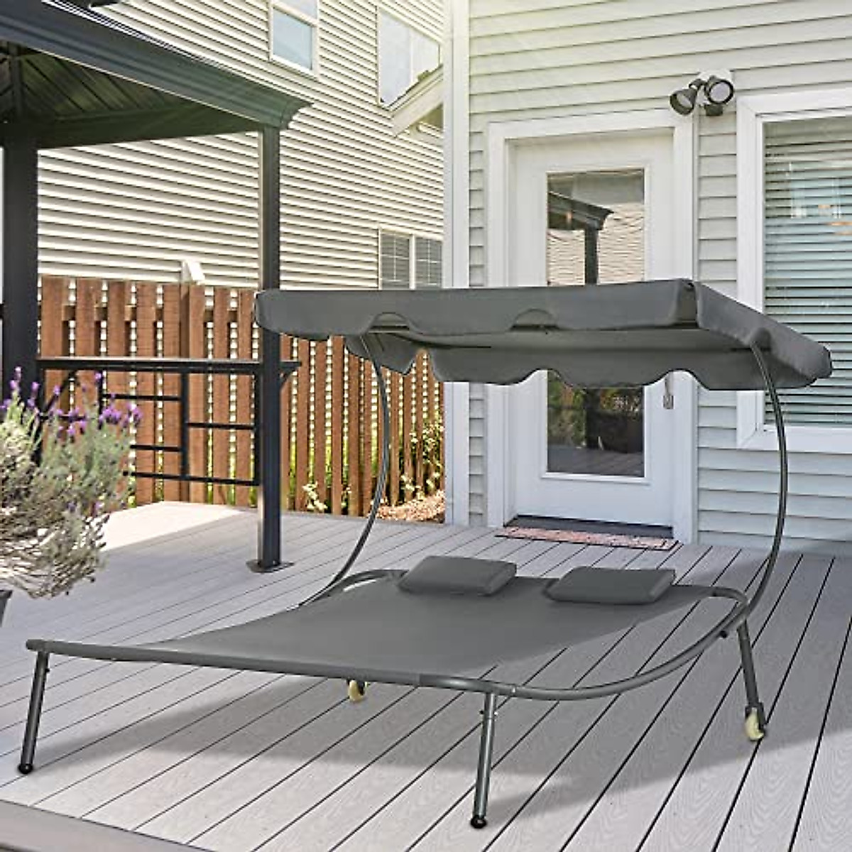 Outsunny Patio Double Chaise Lounge Chair, Outdoor Wheeled Hammock Daybed with Adjustable Canopy and Pillow for Sun Room, Garden, or Poolside, Grey