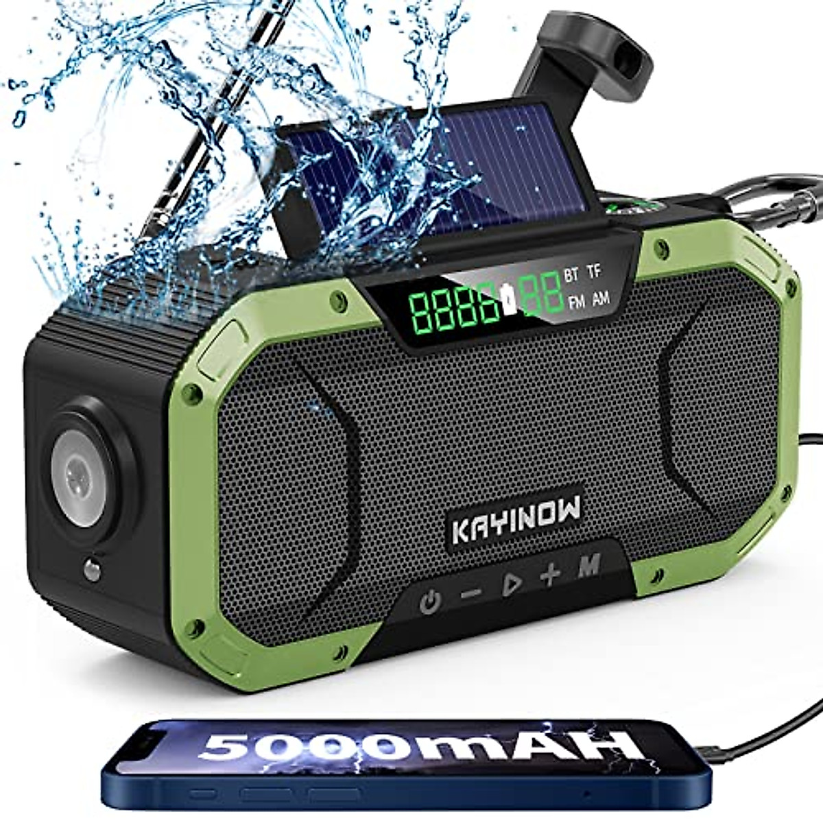 Emergency Hand Crank Solar Radio,Waterproof Bluetooth Speaker,AM FM NOAA Portable Digital Weather Radio with Flashlight,Reading Lamp,5000mAh Cell Phone Charger,SOS Alarm,Compass,Survival Camping Gear