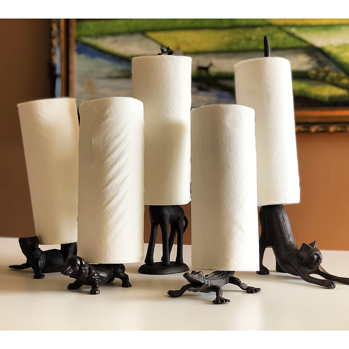 Stretching Cat Yoga Cast Iron Animal Paper Towel Holder Bath Tissue Toilet Roll Jewelry Organizer Free-Standing Bronze Rustic Decor 18-inch