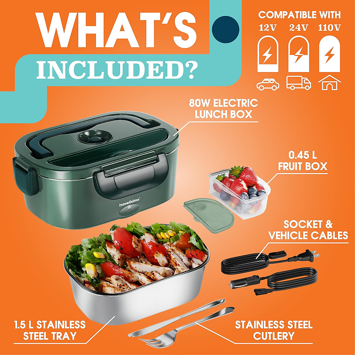 TRAVELISIMO Electric Lunch Box for Adults, 80W Heated Lunch Box 1.5L Stainless Steel Heated Lunchbox For Adults, 12/24/110V Self Heating Lunch Box for Car Truck Work, Lonchera Eléctrica Portátil