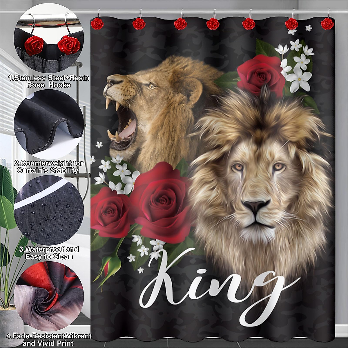 20Pcs Bathroom Sets Rose and Lion Shower Curtain Set with Non-Slip Rugs, Toilet Lid Cover and Bath Mat, 12 Resin Hooks, Bathroom Wall Sign Decor Set