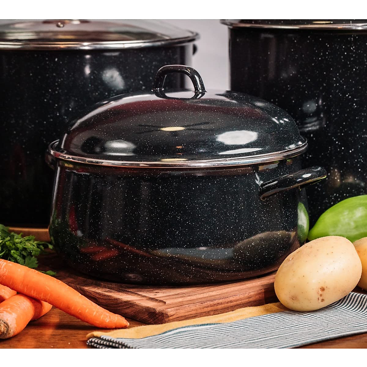 Granite Ware 9.5 Qt Heavy Gauge Dutch Oven with Lid. (Speckled Black) Enamelware. Stainless Steel. Suitable for Cooktops, Oven to Table. Dishwasher Safe.