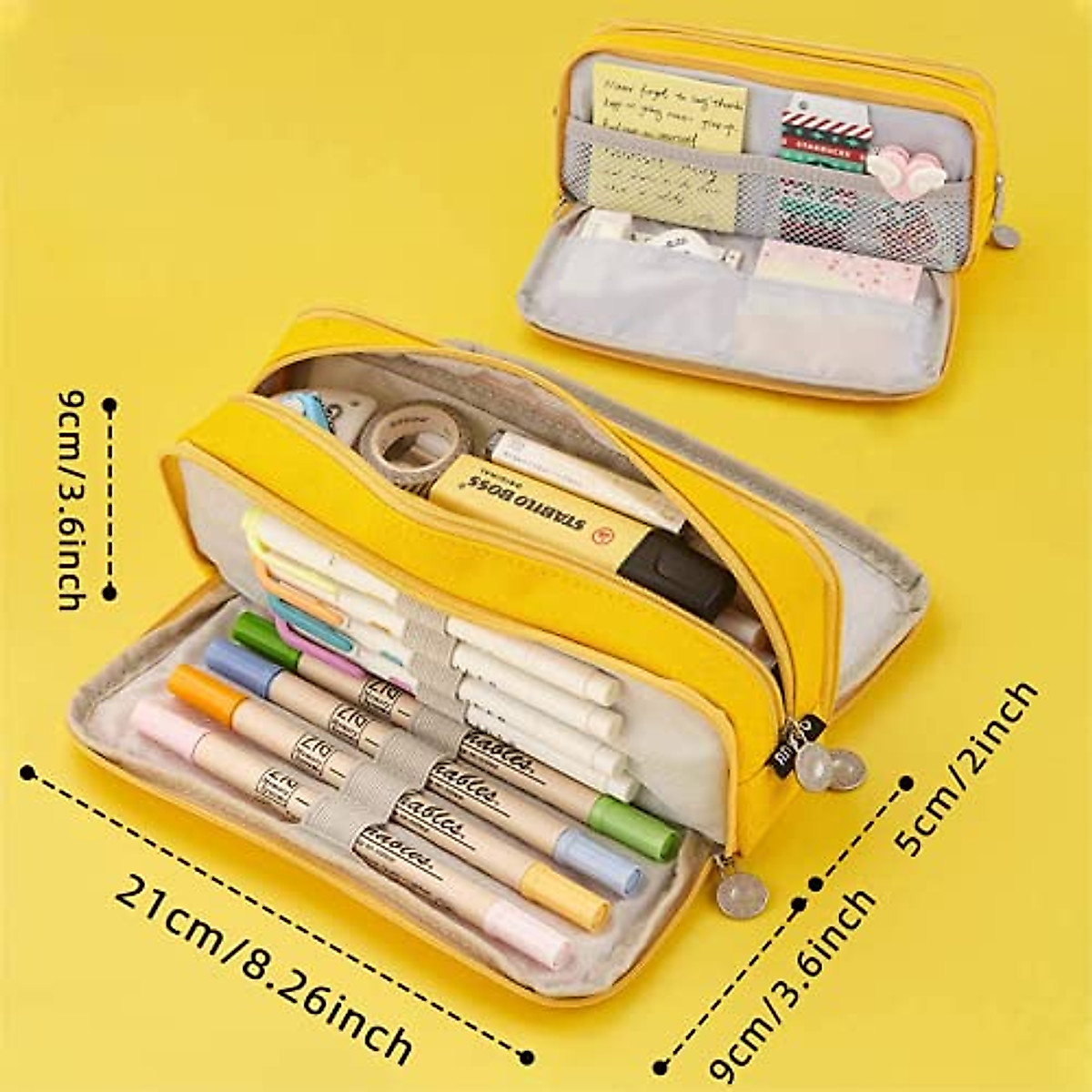 ORPHEUS Large Pencil Case Big Capacity 3 Compartments Canvas Pencil Pouch for Teen Boys Girls School Students (Yellow)